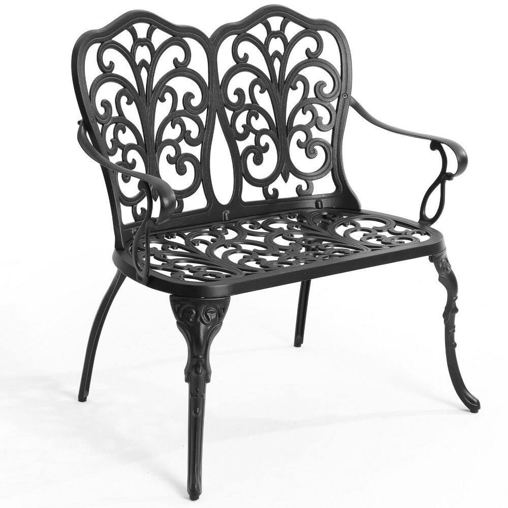 Otryad 34.6 in. 2-Person Metal Outdoor Bench, Patio Garden Bench with Floral Rose for Patio ...