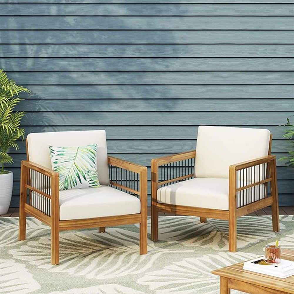 Kadehome (Set of 2) Brown Acacia Wood Outdoor Club Lounge Chair Deep Seating with Beige Soft ...