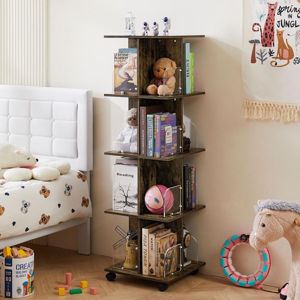 VECELO Bookcase Rotating Bookshelf, 50.39 in. Tall Brown Wood 4-Tier ...