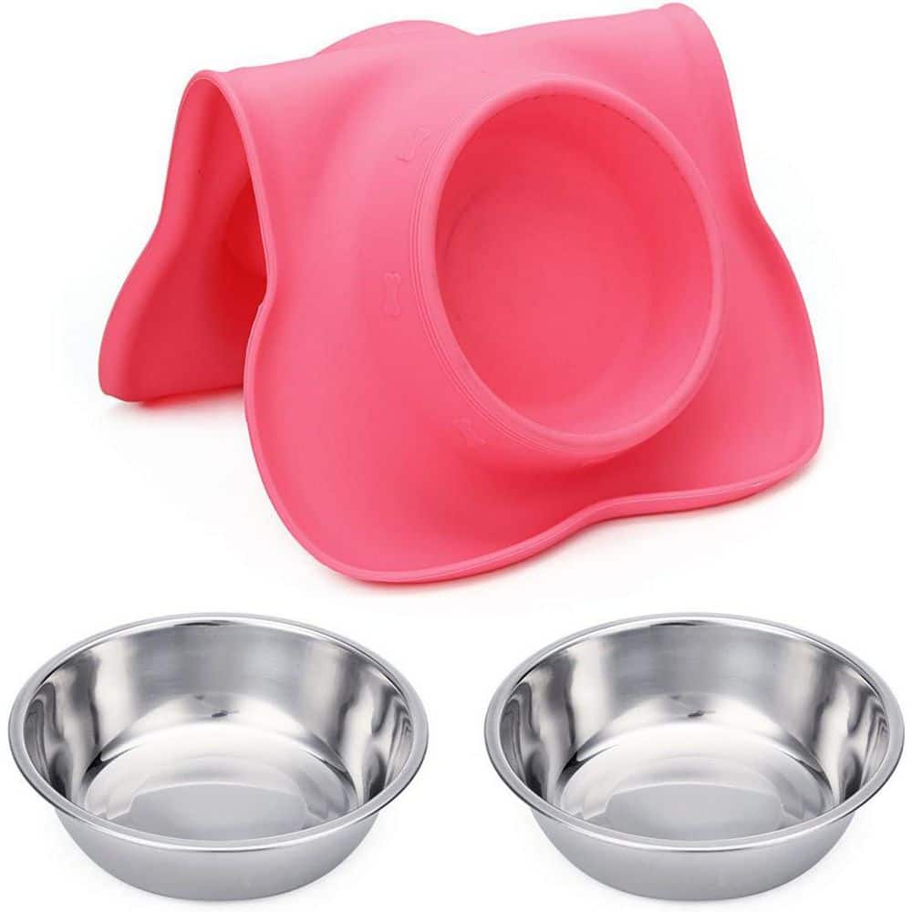 Pet Feeder Set with 2 Stainless Steel Bowls and Non-Skid Silicone Mat ...