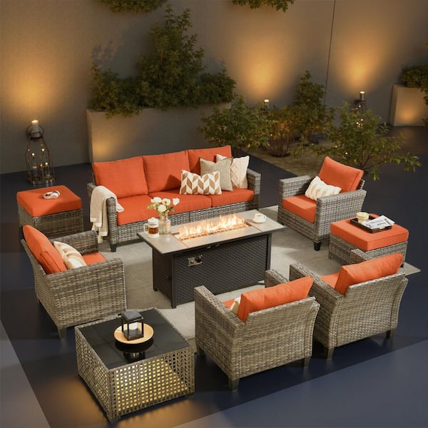 XIZZI Ironclad 9 Pieces Wicker Outdoor Patio Rectangular Fire Pit Set ...