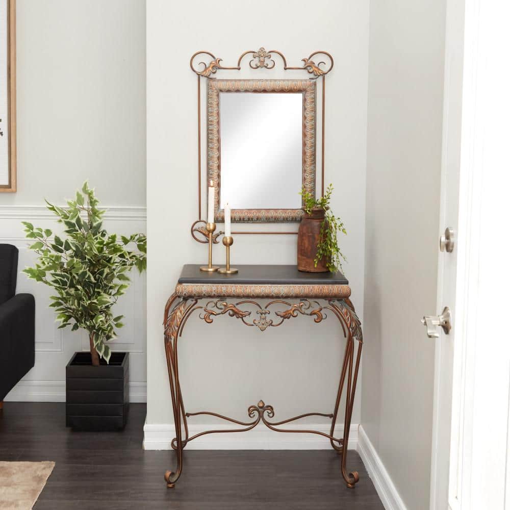 23 in. Bronze Extra Large Rectangle Metal Leaf Console Table with Mirror with Scrolled Legs 2 Pieces