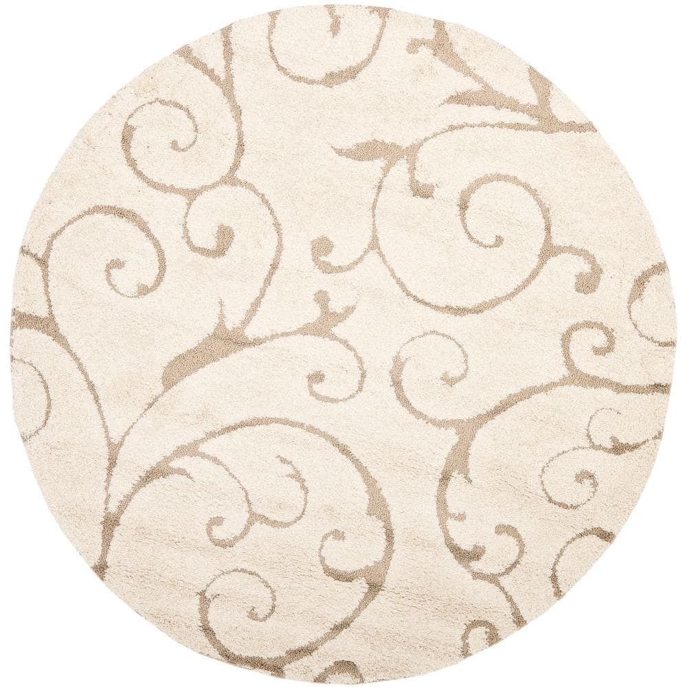 SAFAVIEH Florida Shag Cream/Beige 9 ft. x 9 ft. Round Floral Area Rug ...