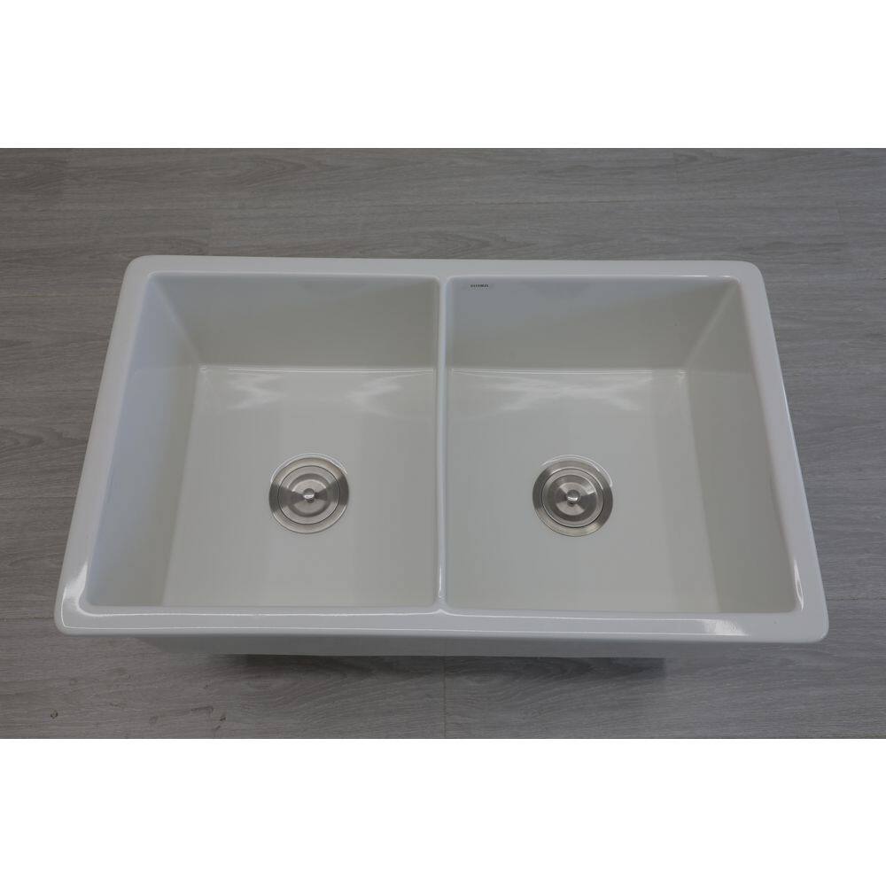 32 in. Undermount Double Bowl White Ceramic Kitchen Sink with Bottom ...
