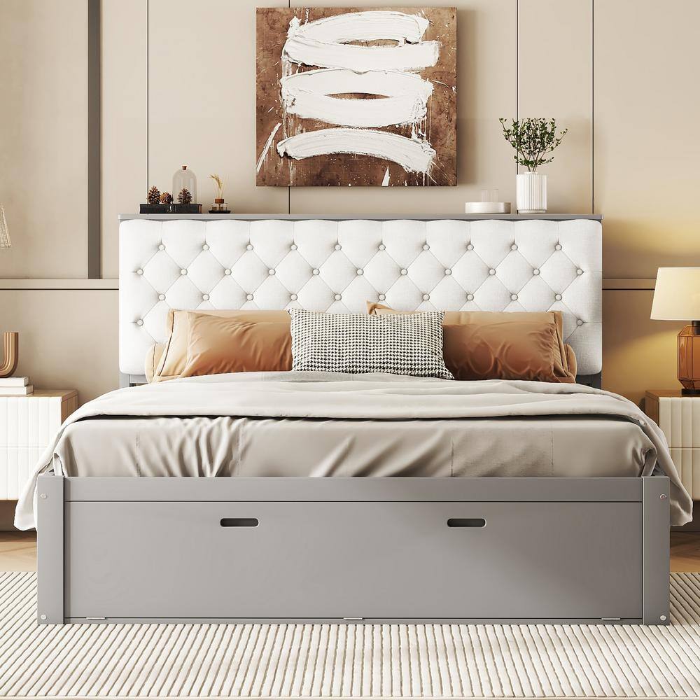 Harper & Bright Designs Button-Tufted Gray Wood Frame Queen Linen ...