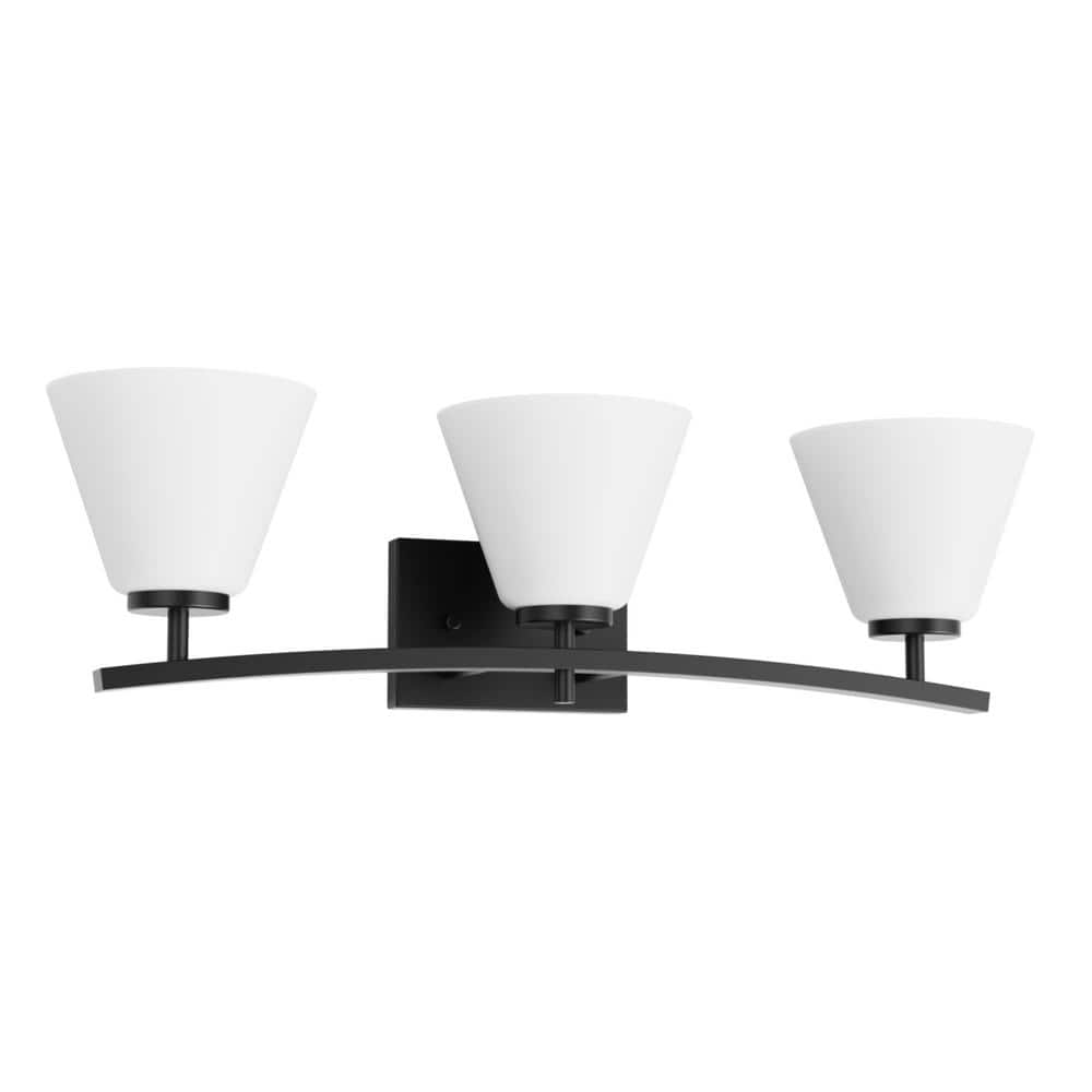 Briignite 25 in. 3-Light Matte Black Cone Vanity Light with White Glass ...