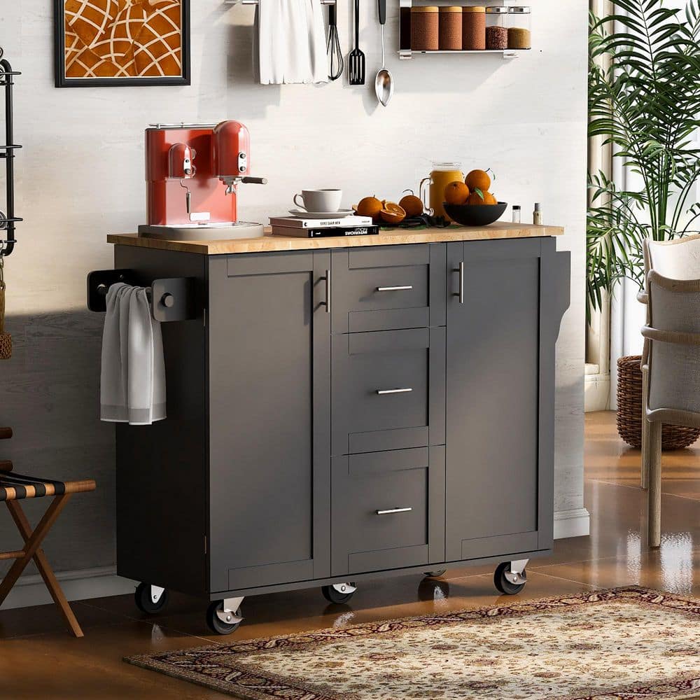 Ziyudura Gray Wood 43 in. Kitchen Island with Rubber Wood Top, 3-Drawer ...