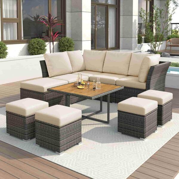 10-Piece Wood Outdoor Sectional Set with CushionGuard Beige Neutral ...
