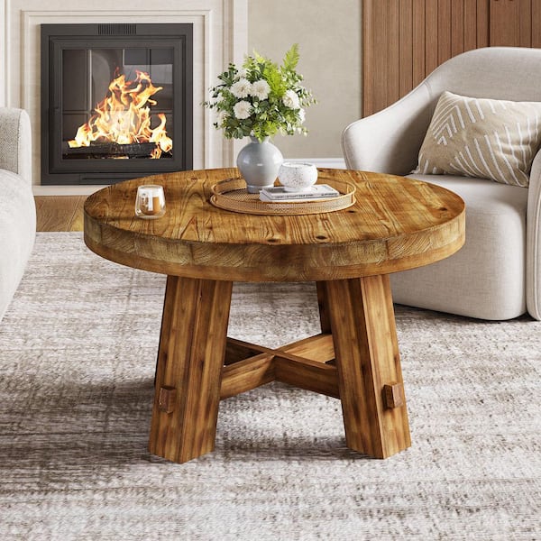 BYBLIGHT Allan 31.5 in. Brown Round Solid Wood Coffee Table, Farmhouse ...