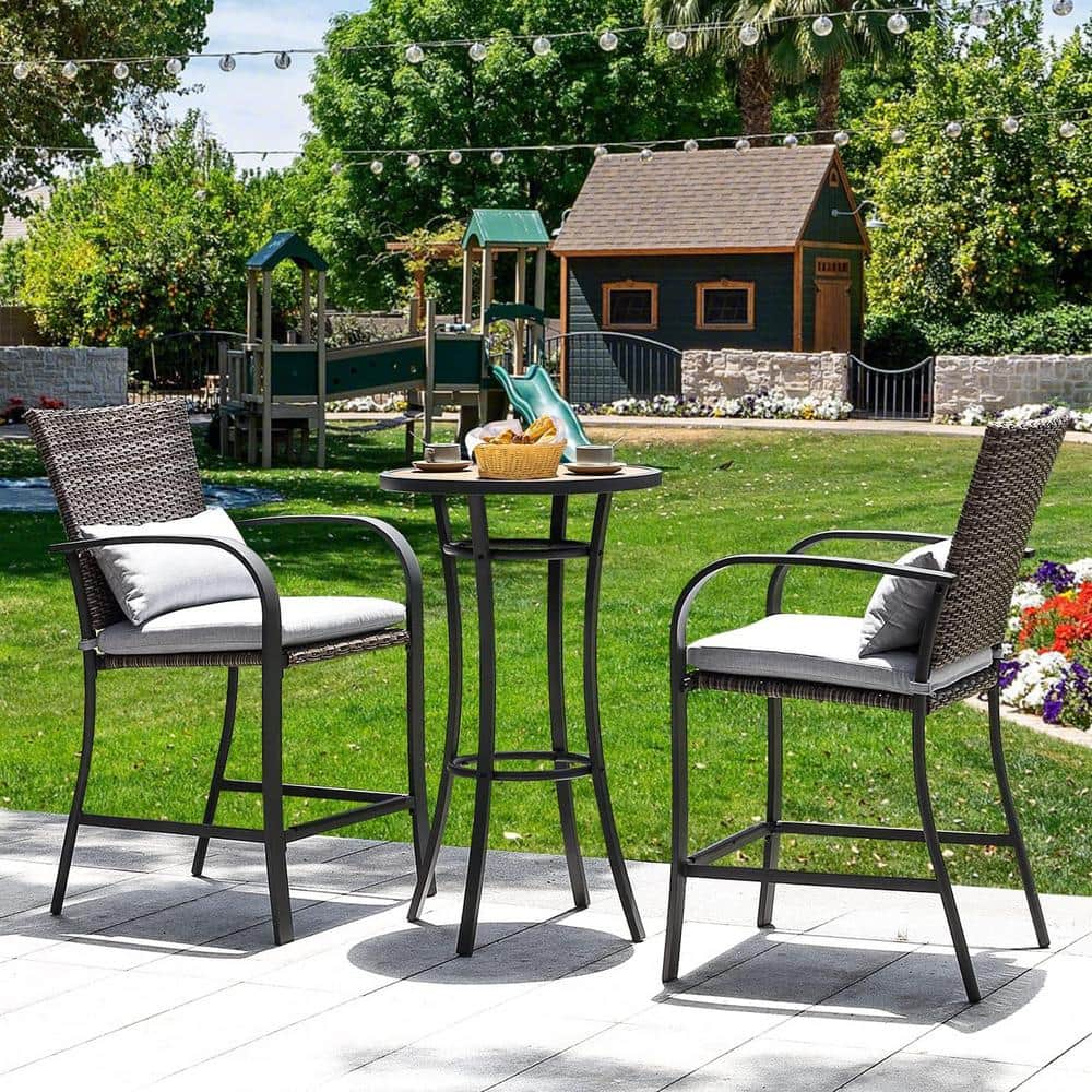 Zeus & Ruta 3-Piece Brown Wicker Rattan Bar Height Outdoor Bistro Set ...
