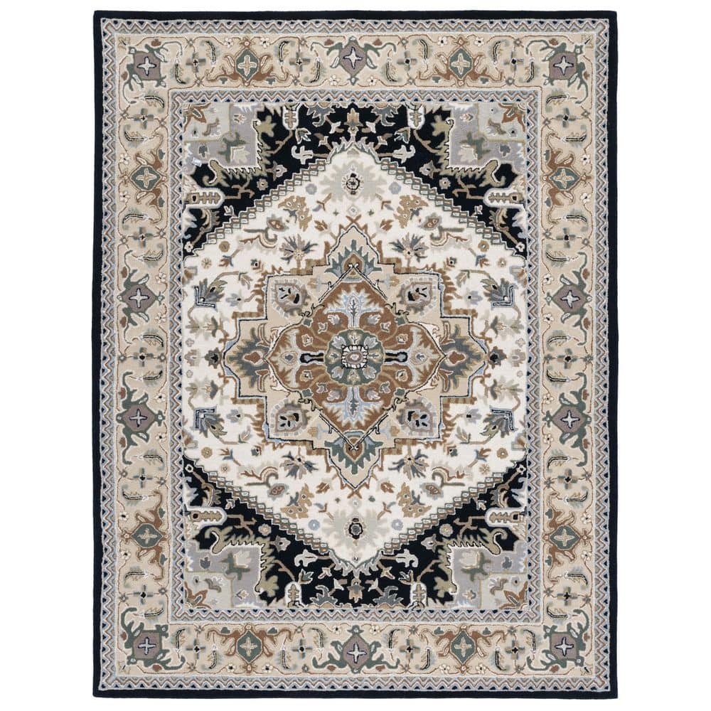 SAFAVIEH Heritage Beige/Navy 8 ft. x 10 ft. Border Floral Medallion ...