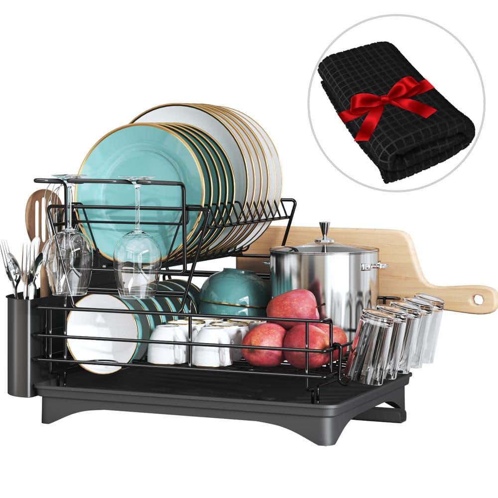 JASIWAY 2-Tier Metal Standing Dish Rack in Black with Wine Glasses Rack ...