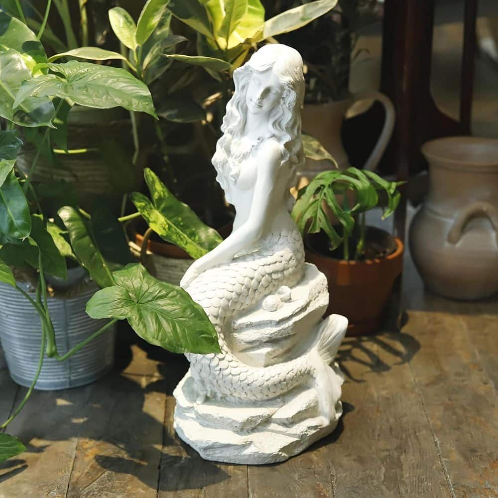 Large Mermaid Figurine, 20 in. H Mermaid on Ocean Rock Garden Statue ...