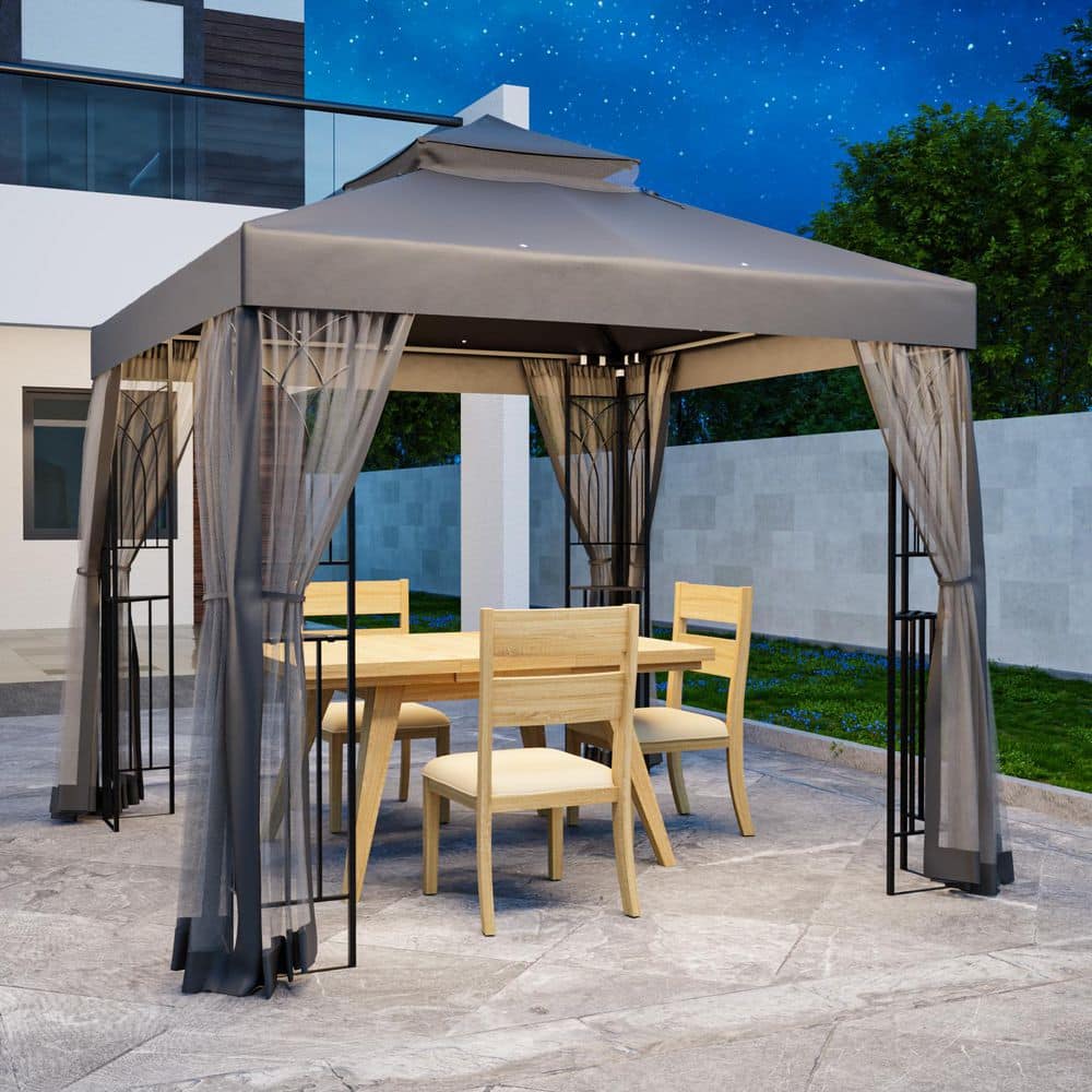 EAGLE PEAK 8 ft. x 8 ft. Gray Steel Soft Top Gazebo Canopy with Netting ...