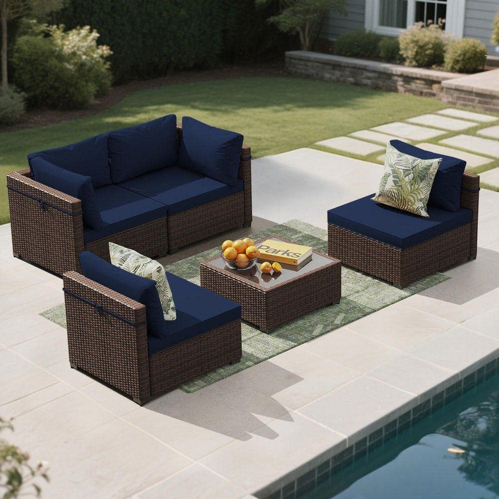 UPHA 5-Piece Brown Wicker Sectional Seating Group with Coffee Table and ...