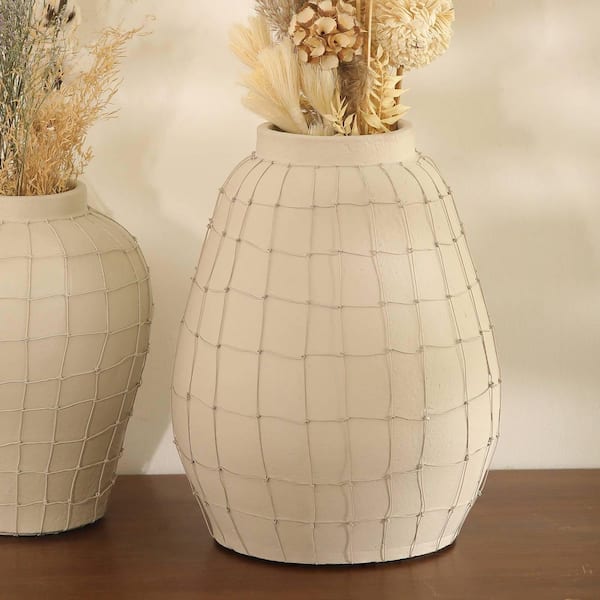 GOGEXX 15 in. Leianna Handmade Beige Round Ceramic Vase with Wireframe ...