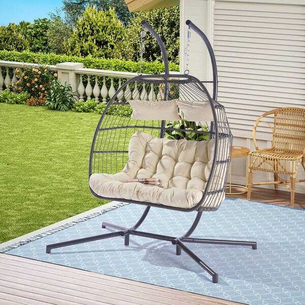 Modern 2 Person Swing Hanging Egg Rattan Chair Outdoor Patio Hammock with Beige Cushions