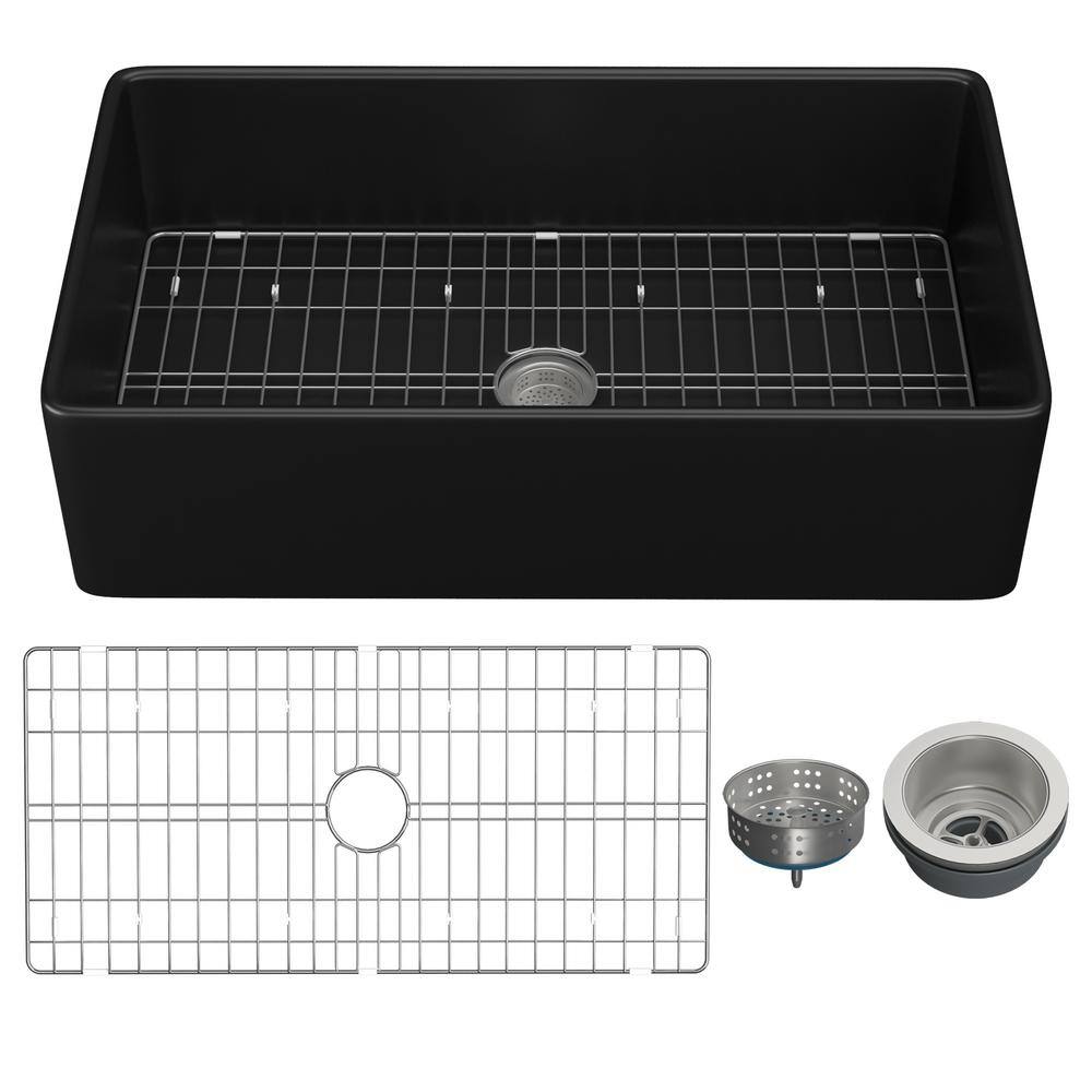 Jasmie Farmhouse Sink 36 in. Single Bowl Matte Black Fireclay Kitchen ...