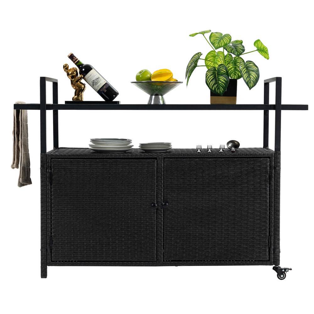 HOMEFUN Outdoor Rolling Black Wicker Patio Serving Bar Cart with Glass ...