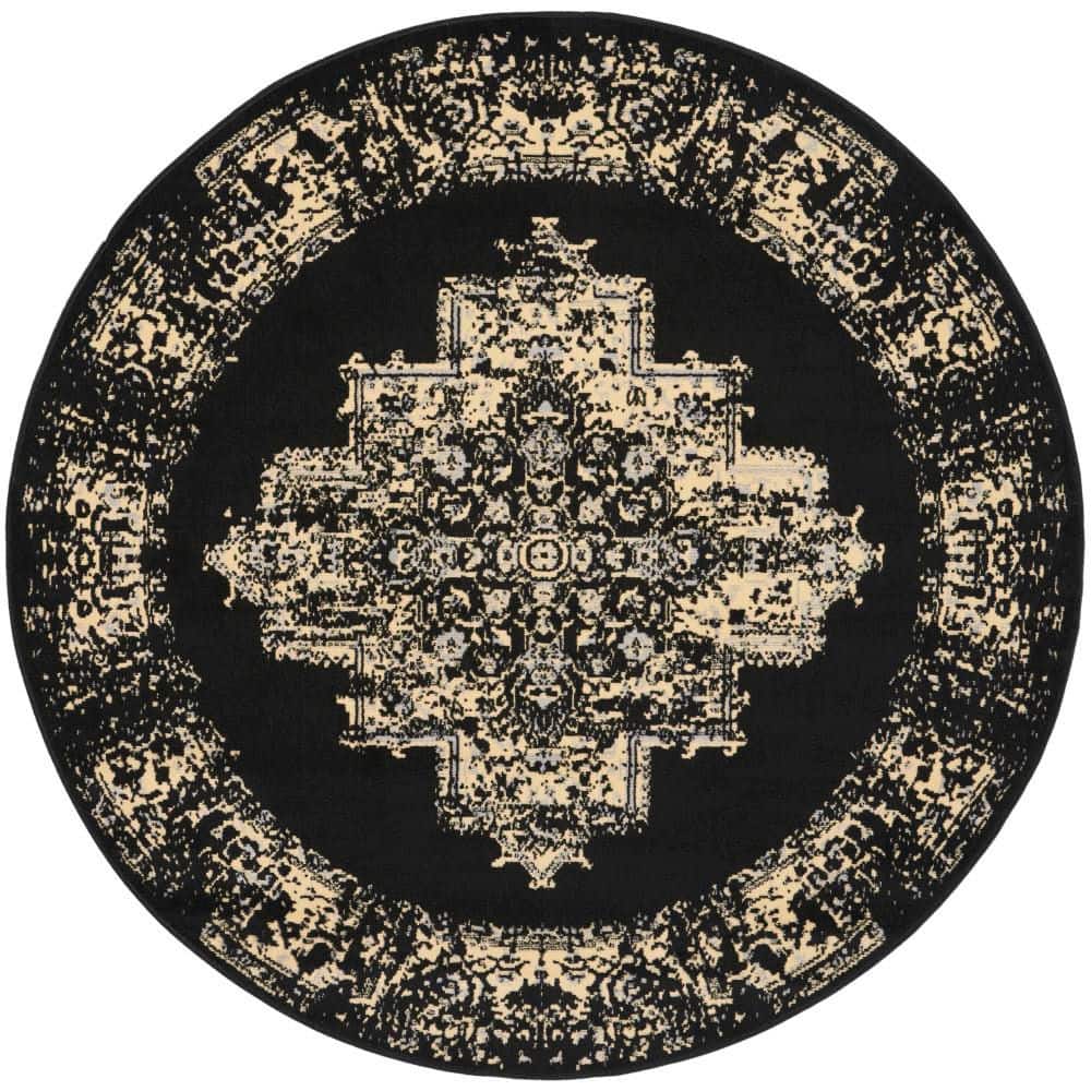 Nourison Grafix Black 4 ft. x 4 ft. Center medallion Transitional Round ...