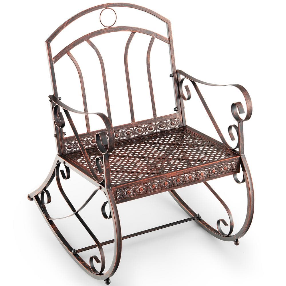 Costway Antique Copper Metal Patio Outdoor Rocking Chair Art Scroll ...
