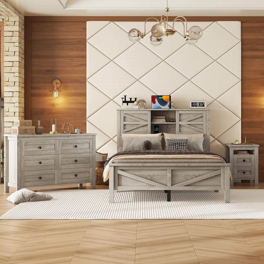 3-Piece Wood Bedroom Set Full Size Platform Bed with Modern Nightstand ...