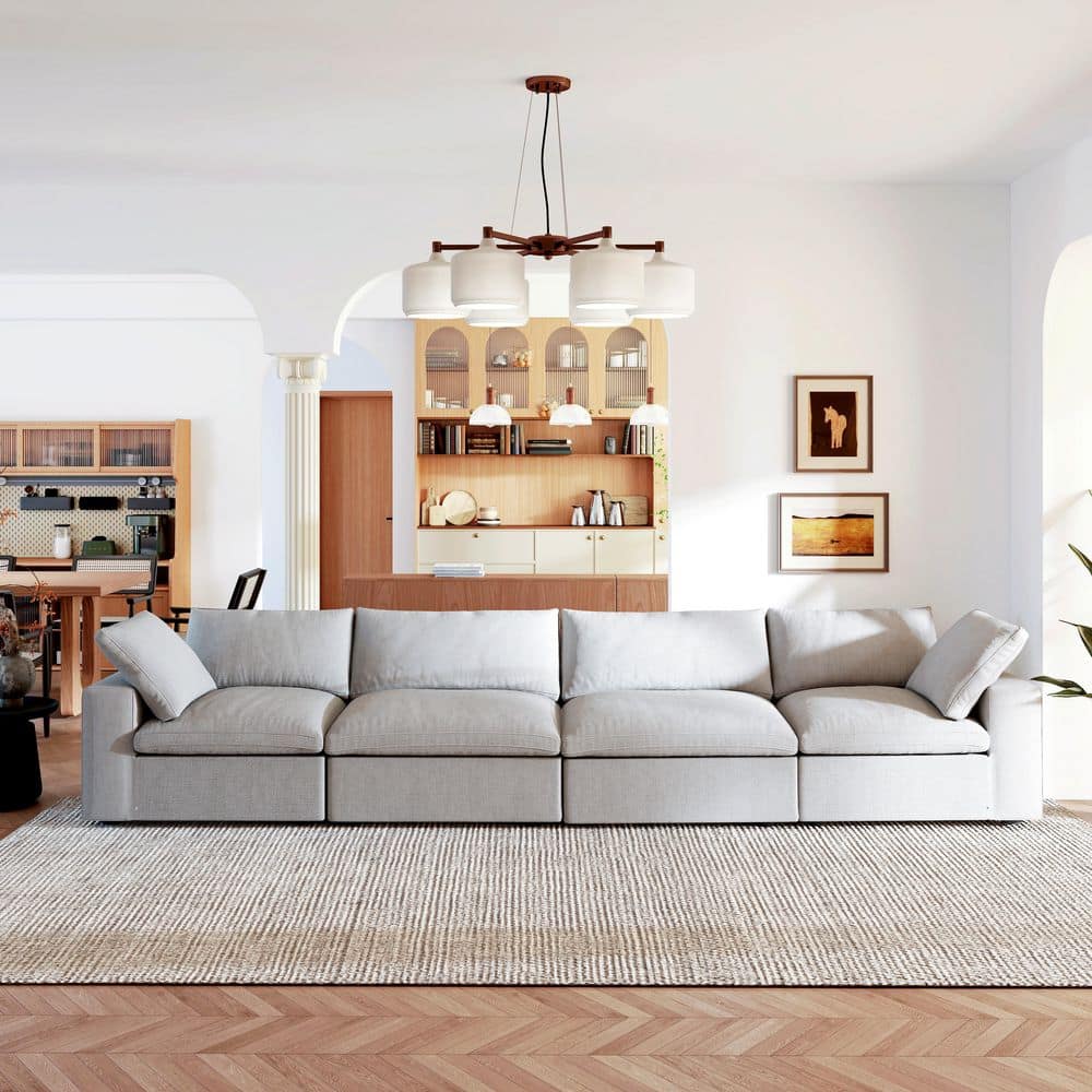 Magic Home Down Filled 157 in. Square Arm Linen 4-piece Large Modular Sectional Sofa Modern ...