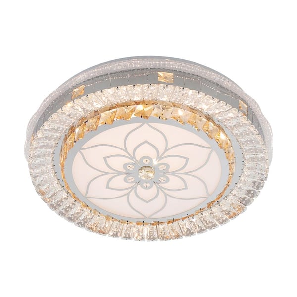 OUKANING 19.68 in. Gold Modern Crystal Dimmable Flush Mount Ceiling Light with Remote Control ...