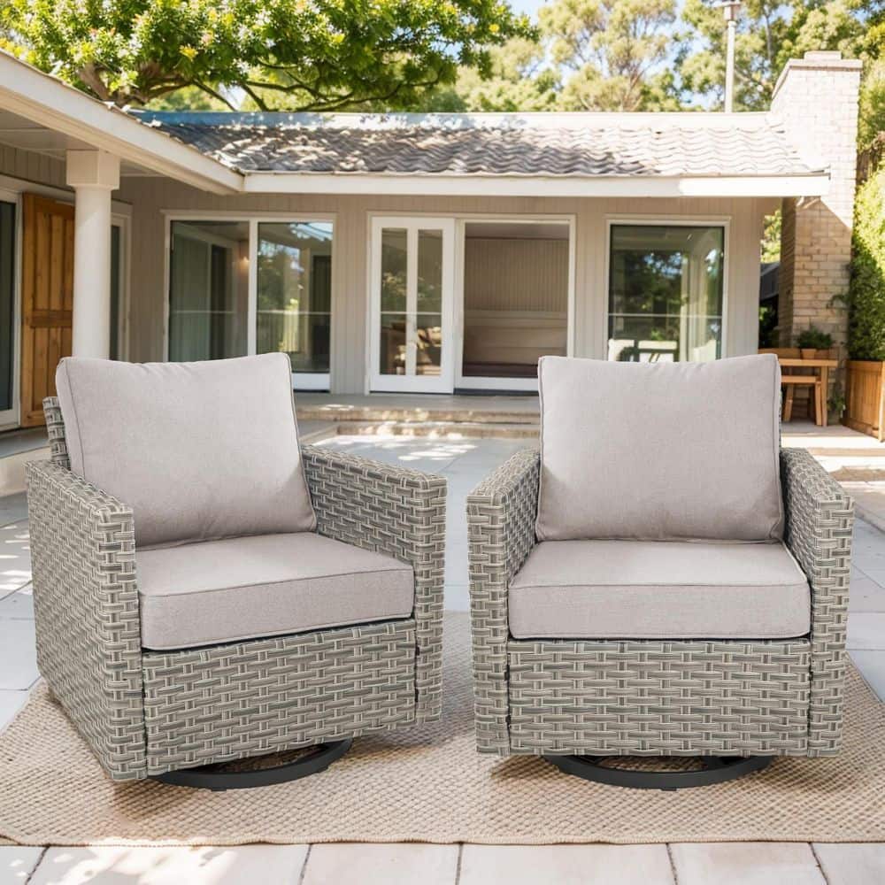Opohoro U-Weave Taupe Wicker Outdoor Rocking Chairs, Patio Swivel ...