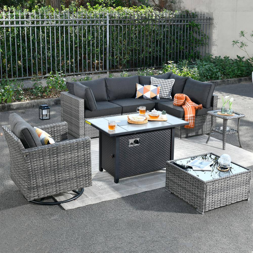 HOOOWOOO Messi Gray 8-Piece Wicker Outdoor Patio Conversation Sectional ...