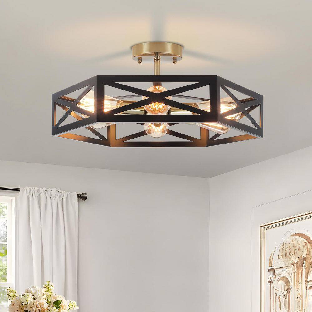 GoYeel 19.69 in. 6-Light Black and Gold Modern Industrial Metal Hexagonal Semi-Flush Mount ...