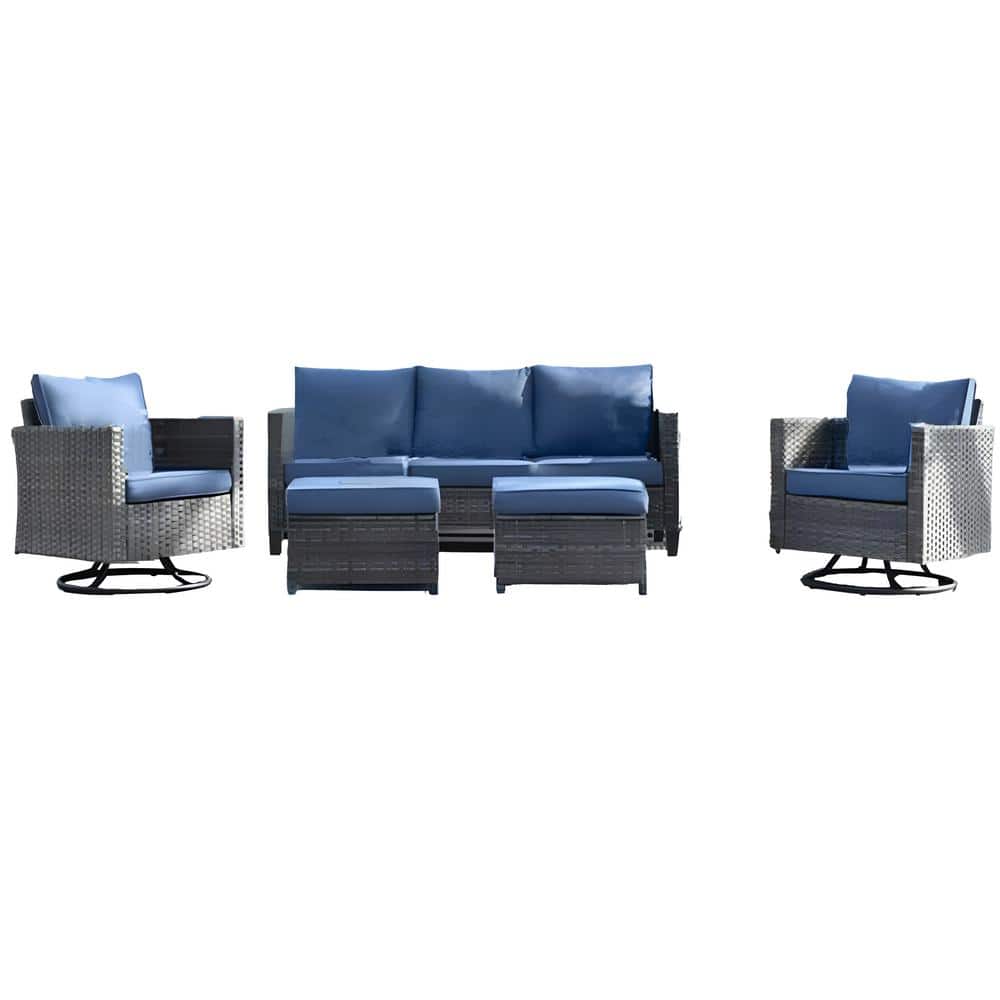 BALKENE HOME Cumberland 5-Piece Wicker Patio Conversation Set with Blue ...