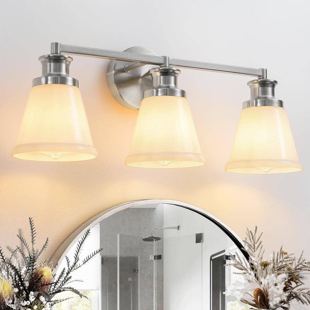 KAISITE 23 in. 3 Light Brushed Nickel Vanity Light with Milk White ...