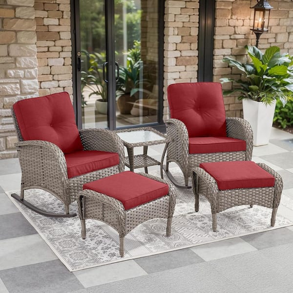 moosprr SleekArm 5-Piece Gray Wicker Outdoor Rocking Chair with Olefin ...