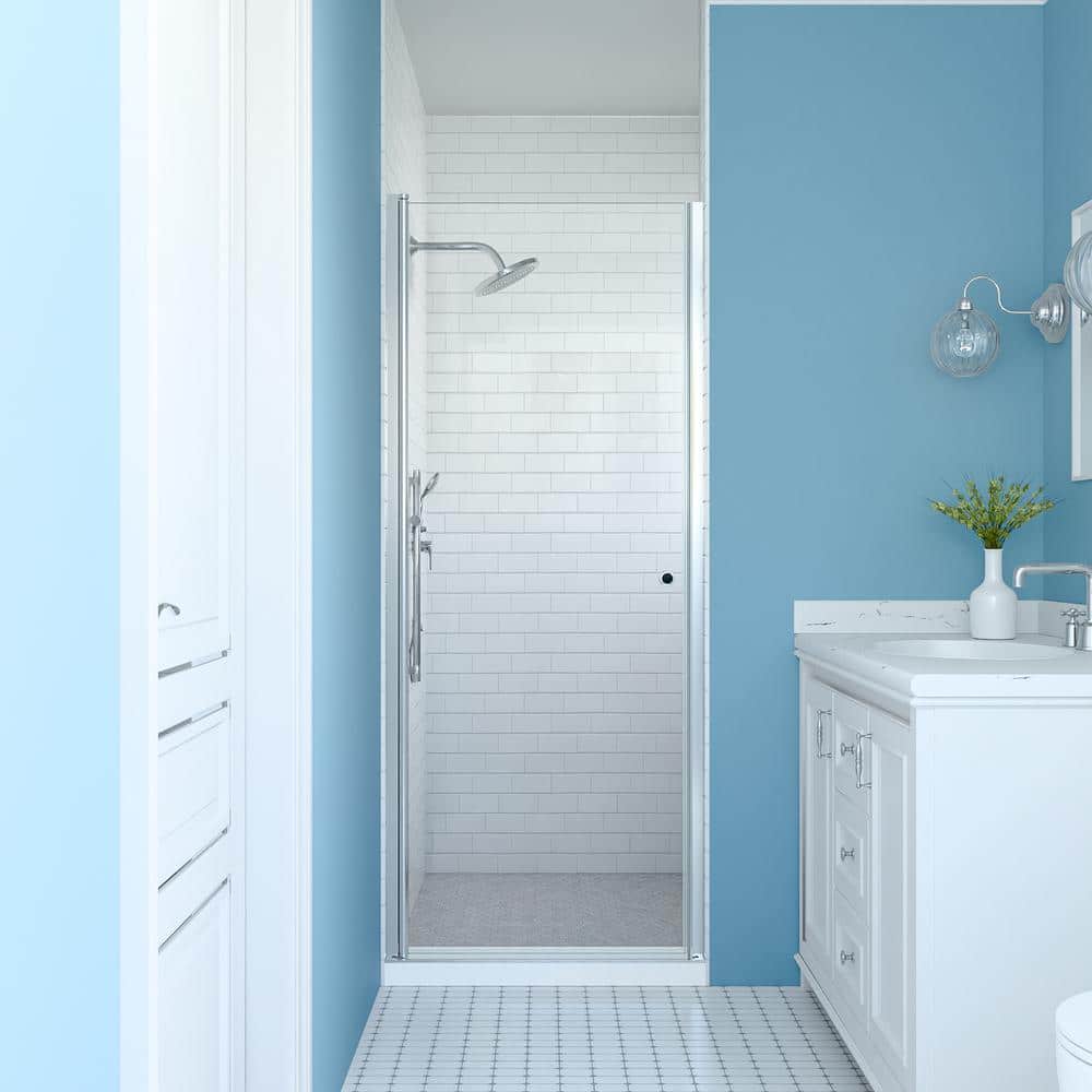 SHAAMA 31-32 in. W x 72 in. H Space Saving Pivot Semi-Frameless Swing Shower Door in Chrome ...