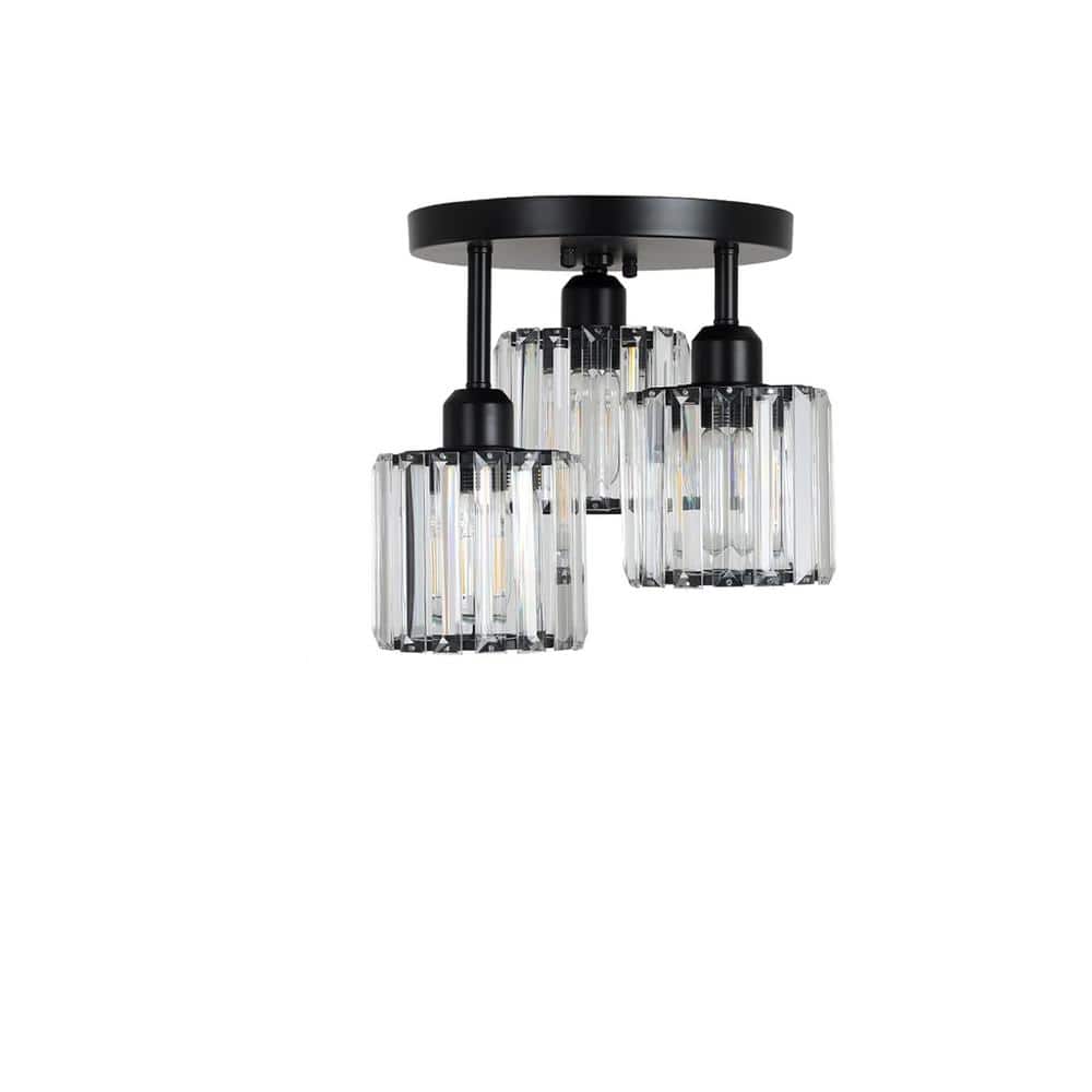 Sunpez 10.6 in. W 3-Light Black Semi Flush Mount Ceiling with Clear Crystal Shades, E26, No ...