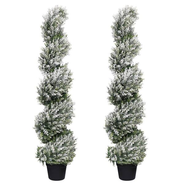 HOYMN 4 ft. Artificial Flocked Dual-Tone Cedar Spiral Topiary Tree 2 ...