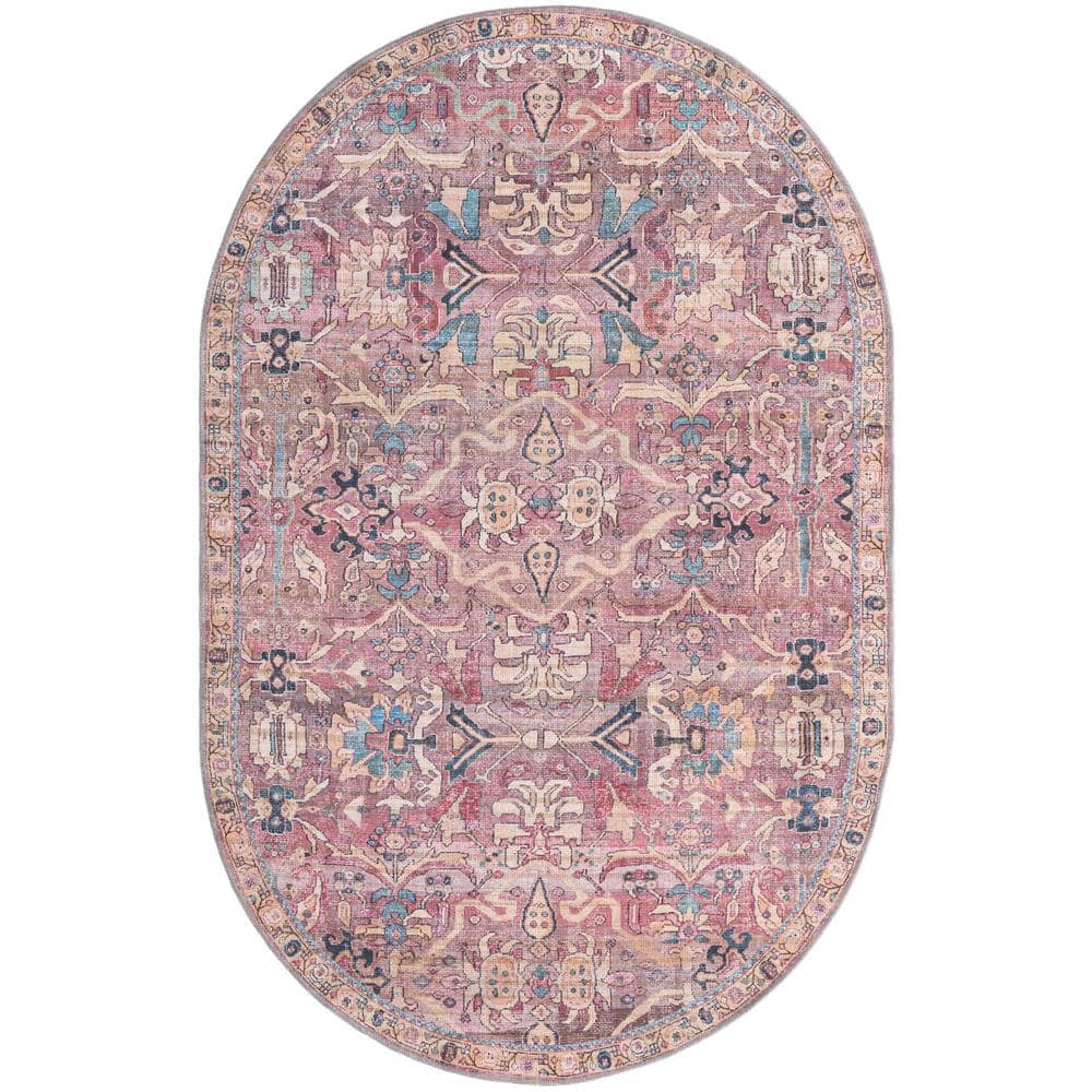Unique Loom Nostalgia Katie Pink 5 ft. x 8 ft. Oval Machine Washable ...