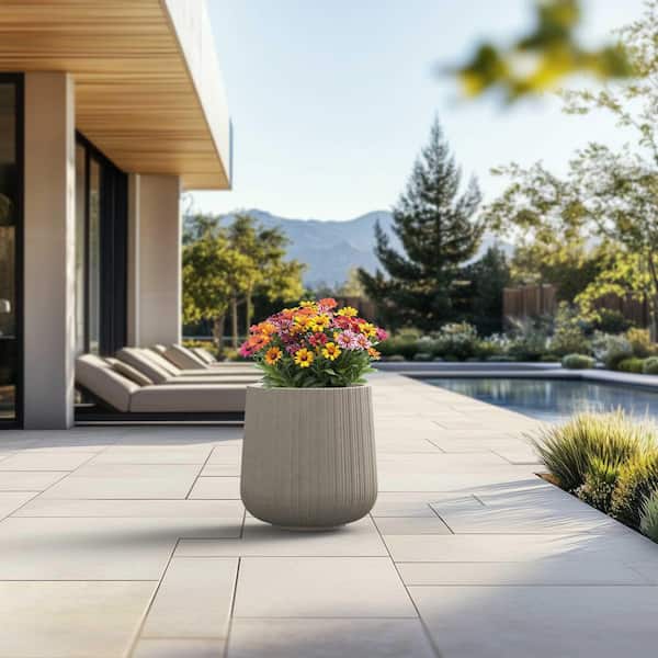 Morrava 15 in. Medium Light Gray (Enhanced Interior) Concrete Round Planter / Pot with Drainage ...