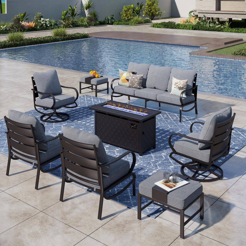 PHI VILLA 9 Seat 8-Piece Metal Outdoor Patio Conversation Set with Gray ...
