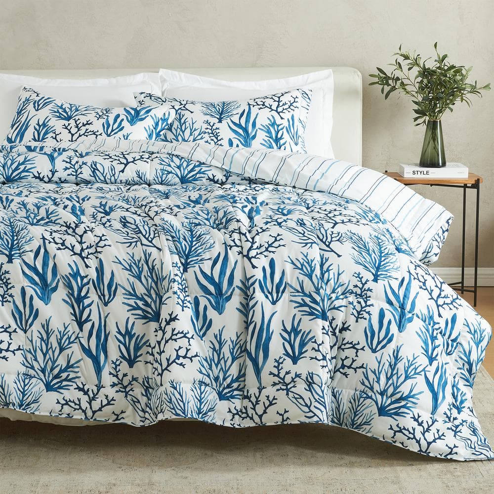 FRESHFOLDS Blue 3 Piece Navy Coral Print Reversible Down Alternative ...