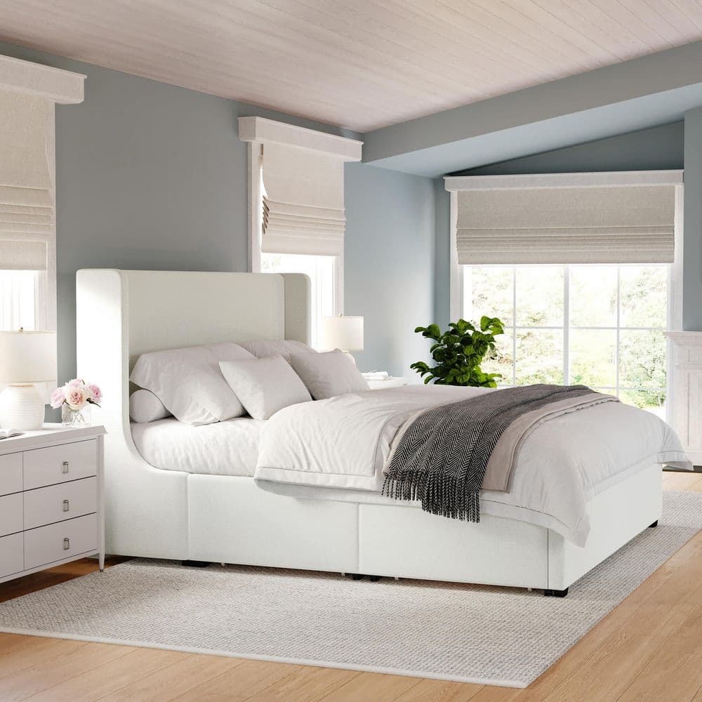 MARTHA STEWART Kian White Engineered Wood Frame King Upholstered ...