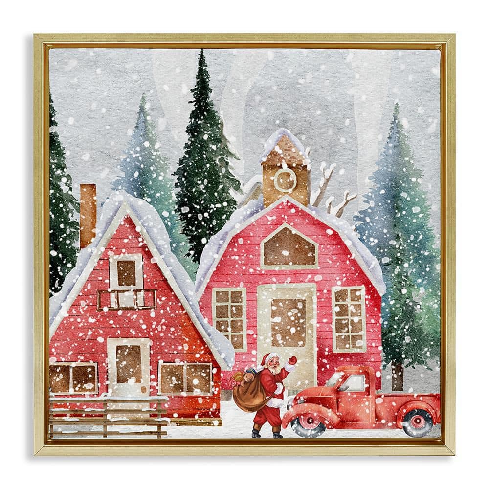 Stupell Industries Red Barn Santa Delivery by Jesse Keith 1-Piece Gold ...