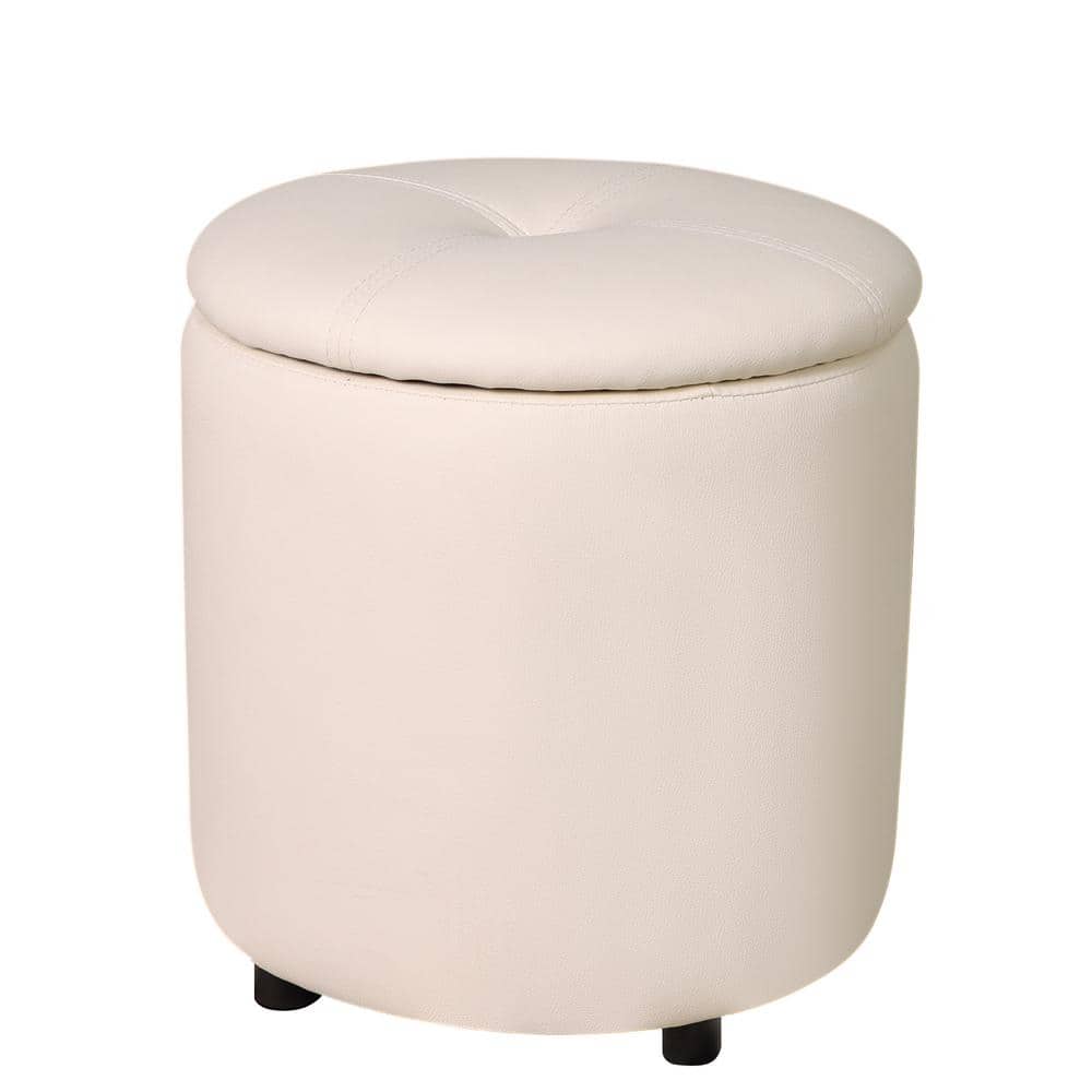 Beige Faux Leather Upholstered Button Round Storage Ottoman Footrest ...