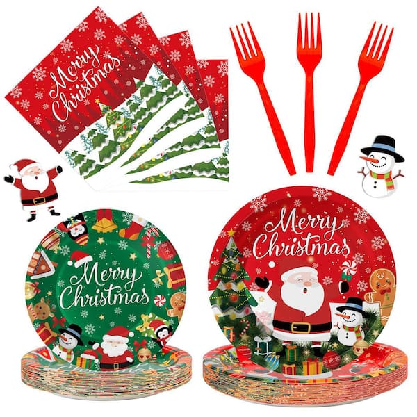 100-Piece Christmas Themed Paper Dinnerware Set in Red and Green with ...