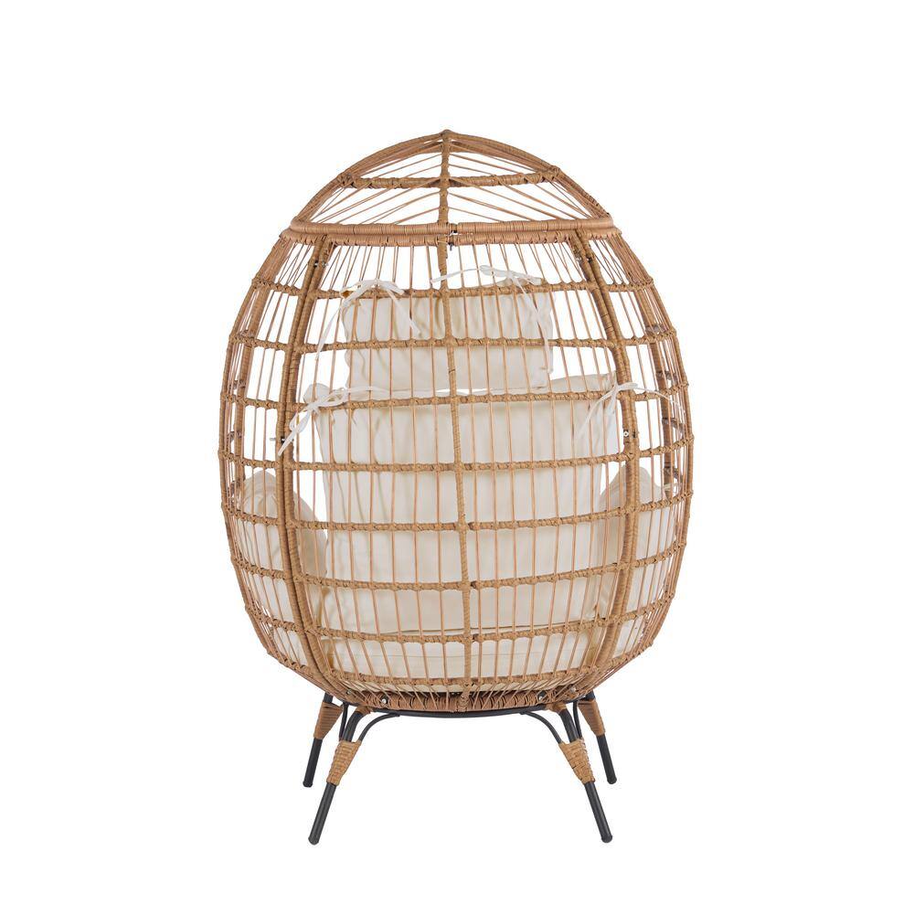 Huluwat Brown Wicker Indoor or Outdoor Egg Lounge Chair with Beige ...