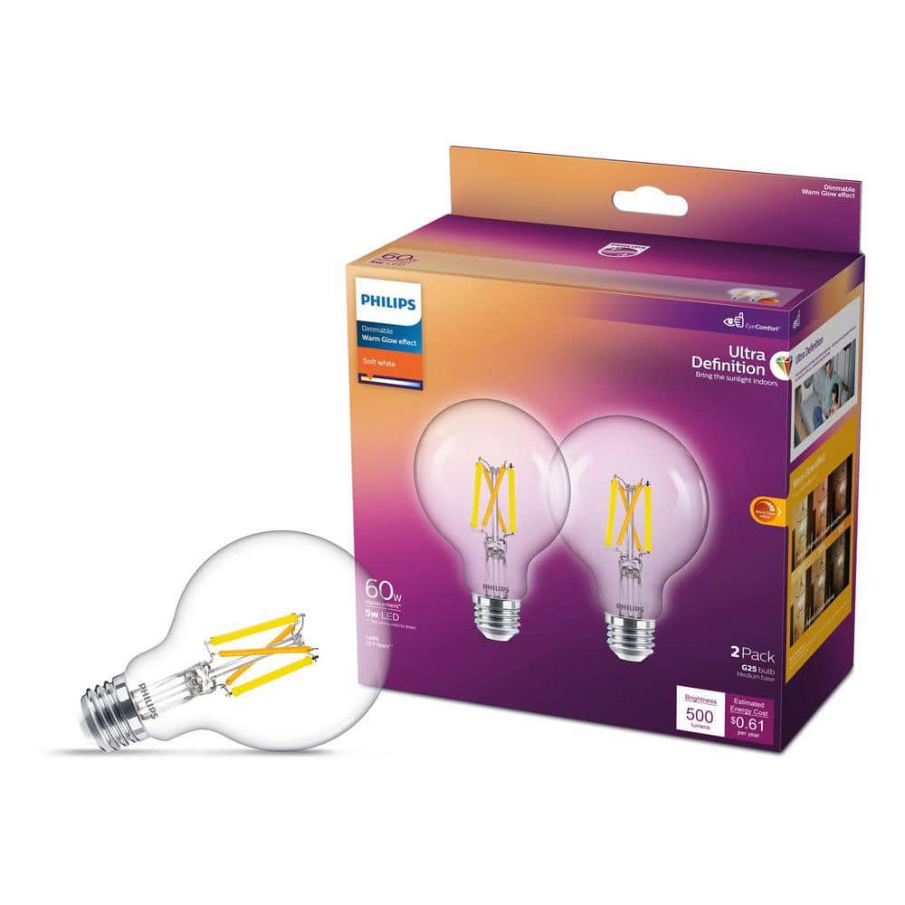 Philips 60-Watt Equivalent Ultra Definition G25 Clear Glass Dimmable ...