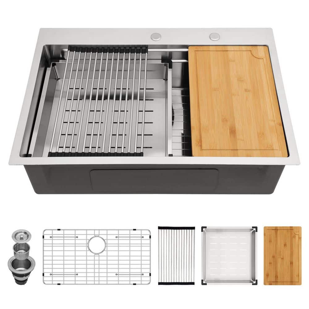 Logmey 33 in. Drop-in Single Bowl 16-Gauge Stainless Steel Workstation ...