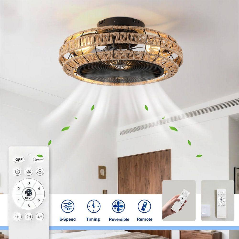 Gloweer 20 in. Vintage Rope Flush Mount Ceiling Fan with Light, Remote ...