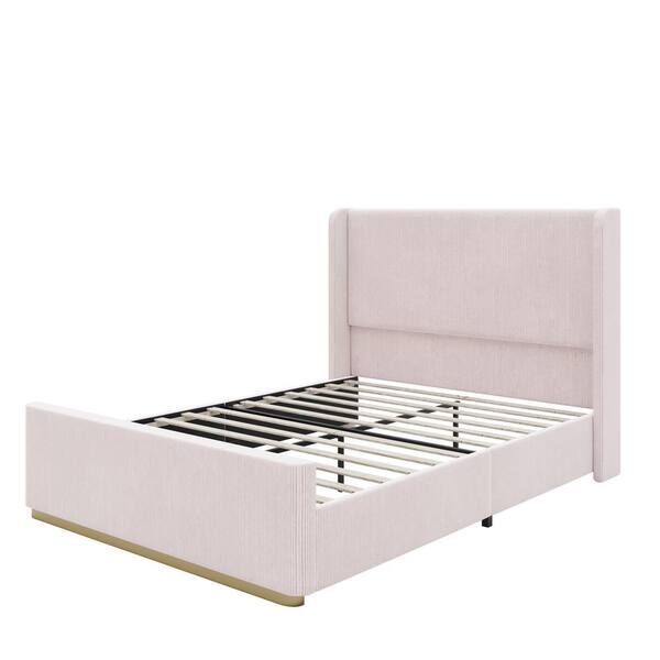 Qualler Pink Wood Frame Queen Size Platform Bed with Storage Ottoman ...